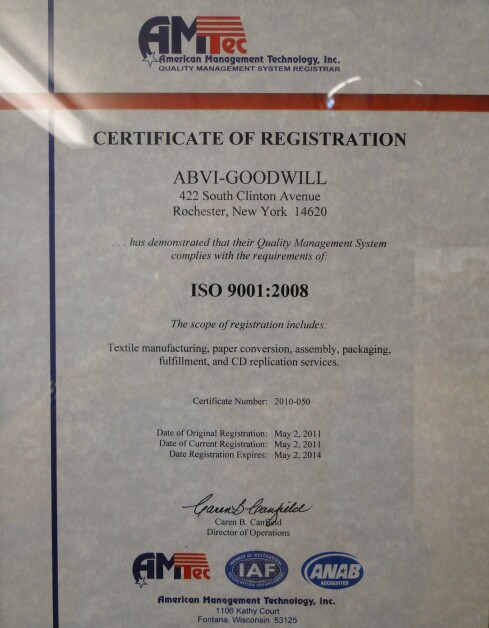 ABVI Earns ISO 9001 Certification | Goodwill of the Finger Lakes